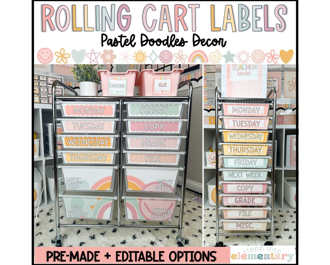 Pastel Doodles Rolling Cart Labels | Teacher Cart | Classroom ...
