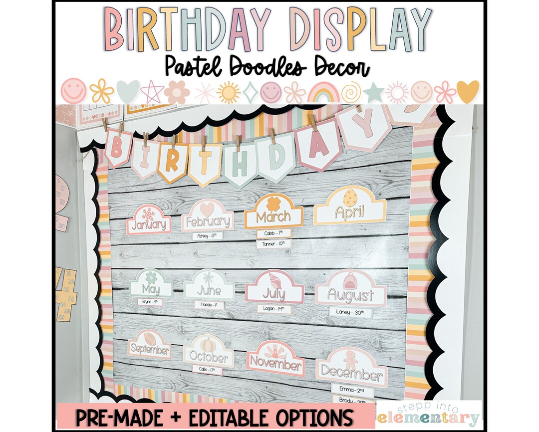 Pastel Doodles Student Birthday Display | Student Birthdays | Bulletin ...