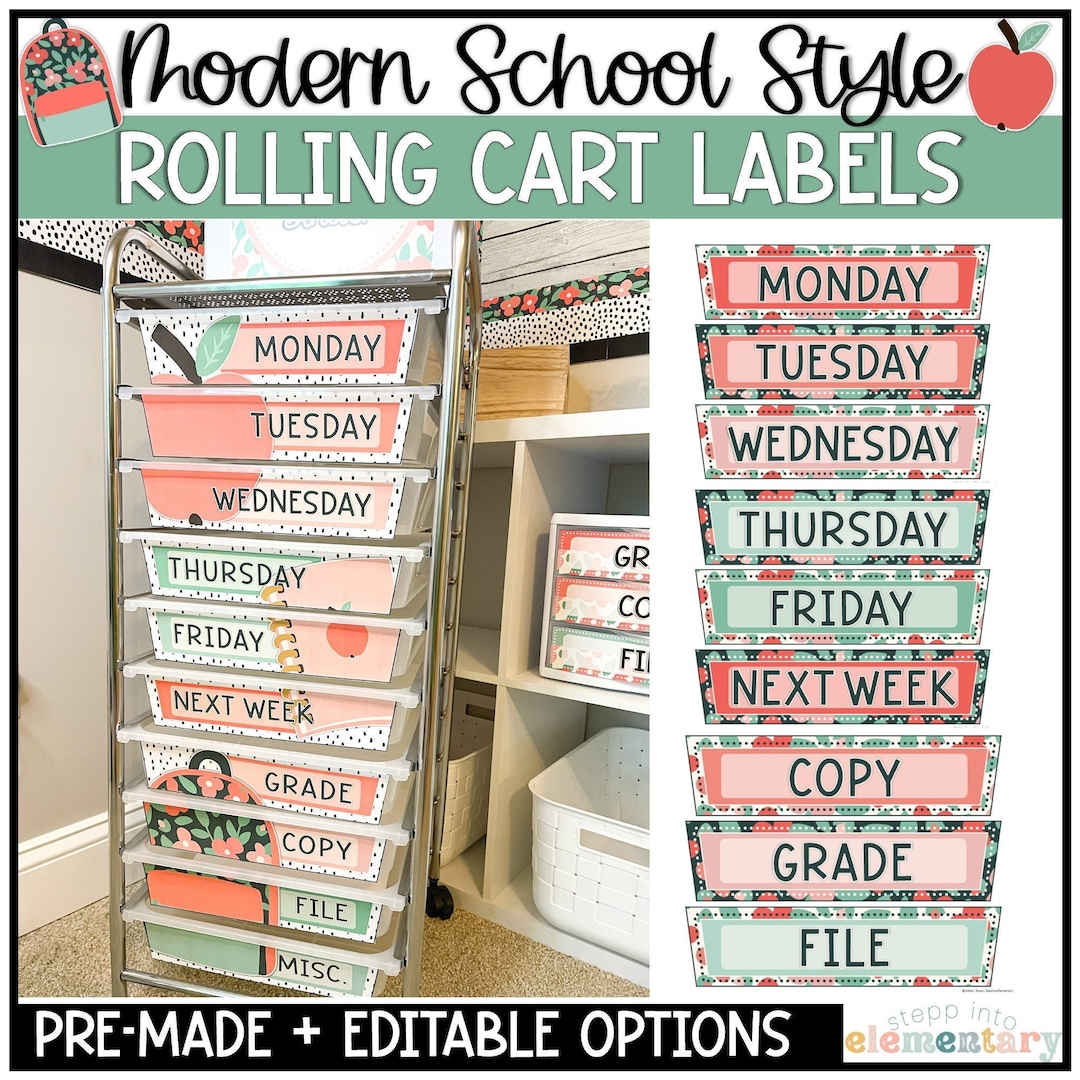 Modern School Style Rolling Cart Labels | Teacher Cart | Classroom ...