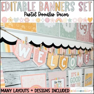 Pastel Doodles Editable Banner Set | Bulletin Board | Trendy + Simple ...