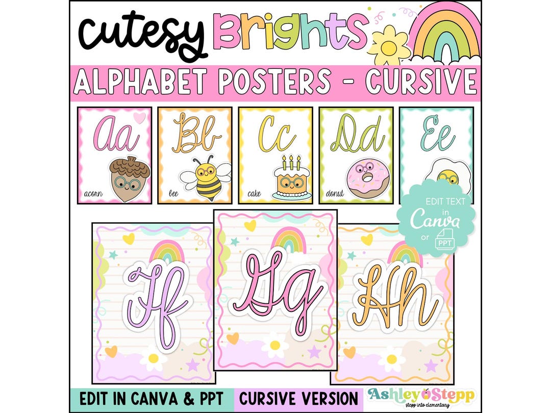 Cursive Alphabet Posters | Cutesy Brights Classroom Decor (editable in ...