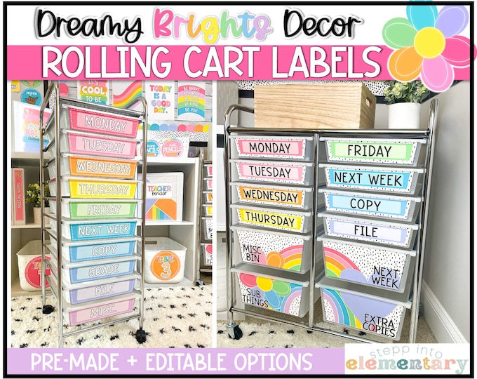 Classroom Labels, Rolling Cart Labels, Rainbow Cart Labels, Rolling ...