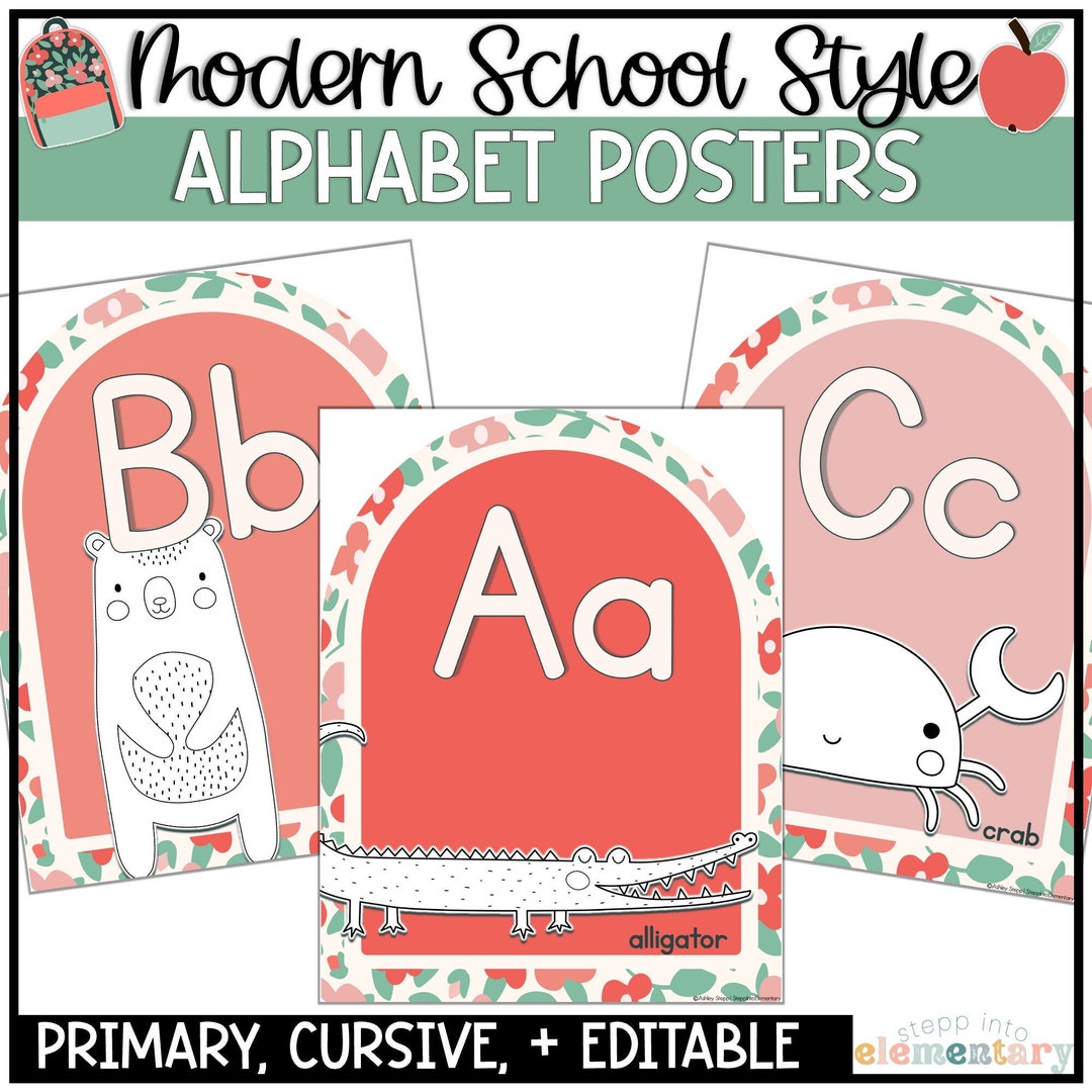 Modern School Style Alphabet Posters | Print + Cursive Alphabet ...