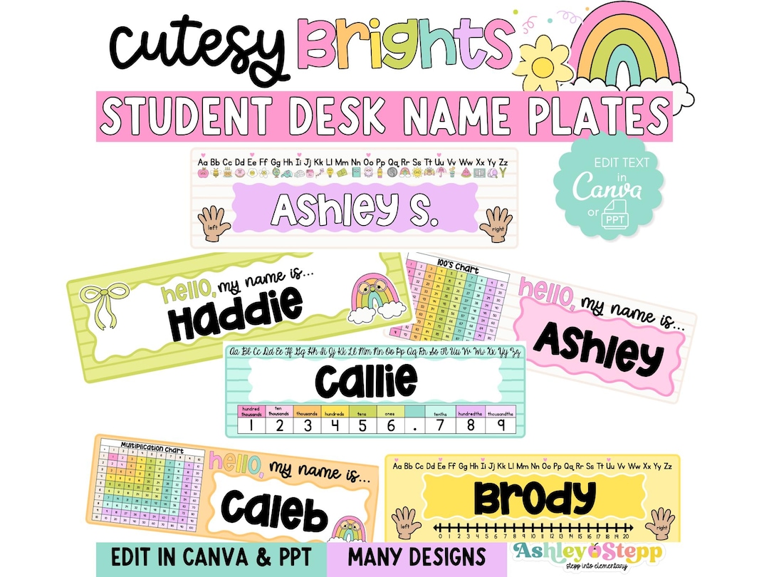 Cutesy Brights Student Name Plates | Desk Plate Tags | Editable ...