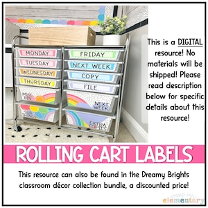 Dreamy Brights Rolling Cart Labels Teacher Cart Classroom Organization ...