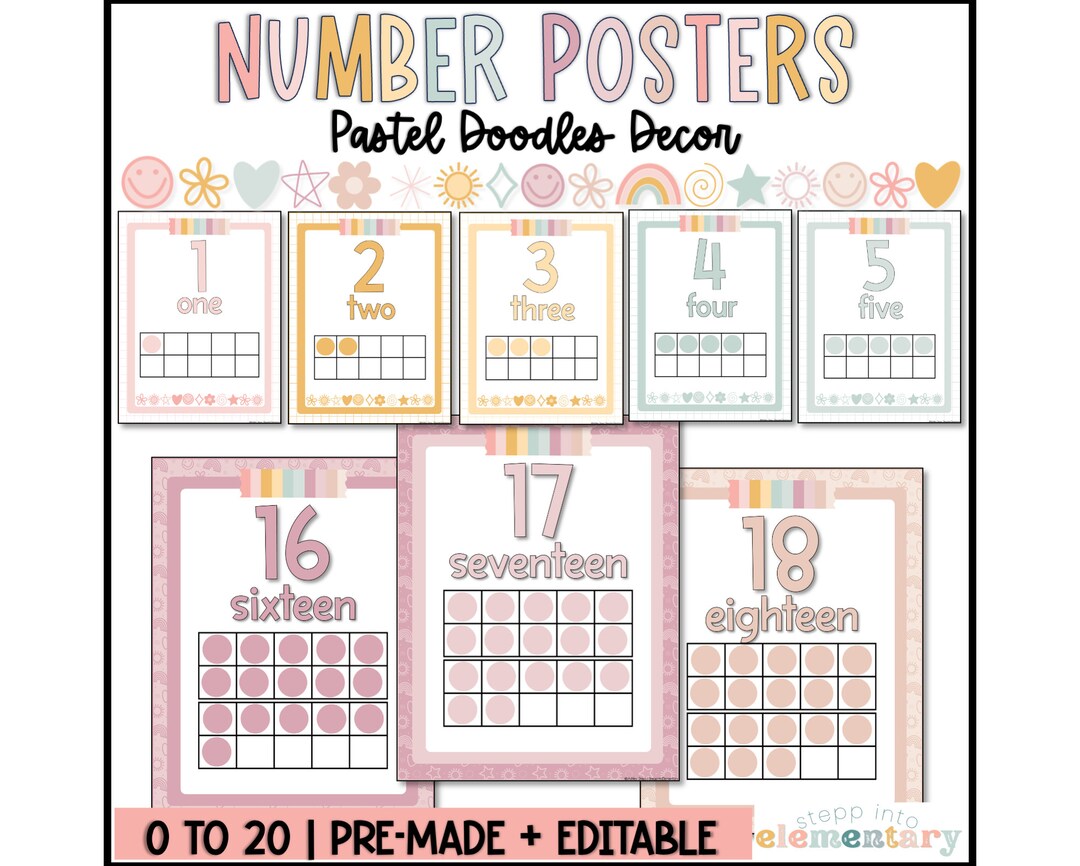 Pastel Doodles Number Posters 0-20 | Editable Math Decor (digital ...