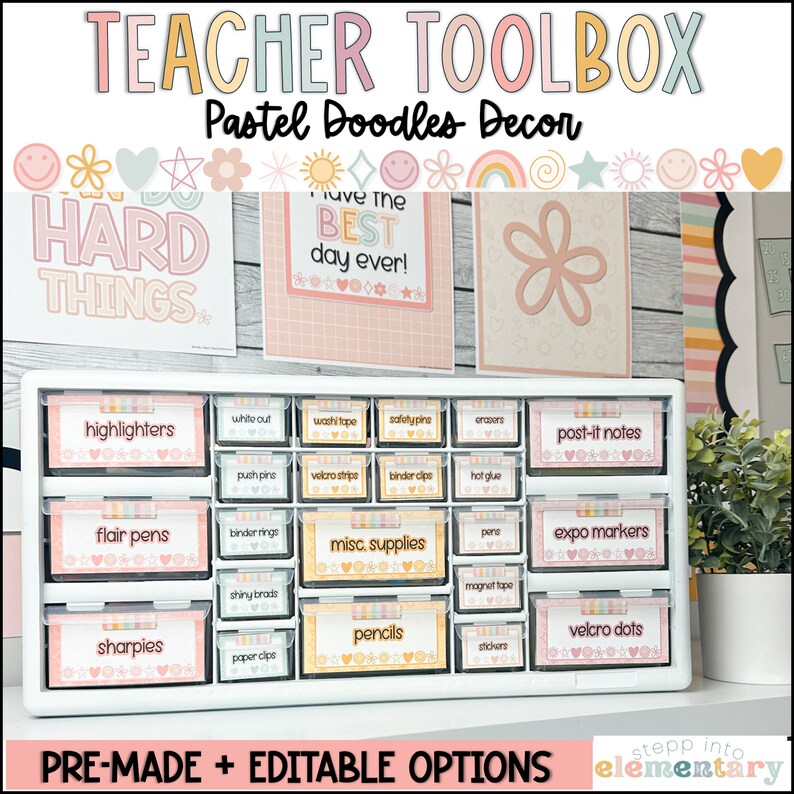 Pastel Doodles Teacher Toolbox Labels | Editable Classroom Organization ...