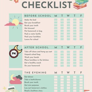 Printable Kids School Day Checklist - Daily Routine Chore Chart for ...