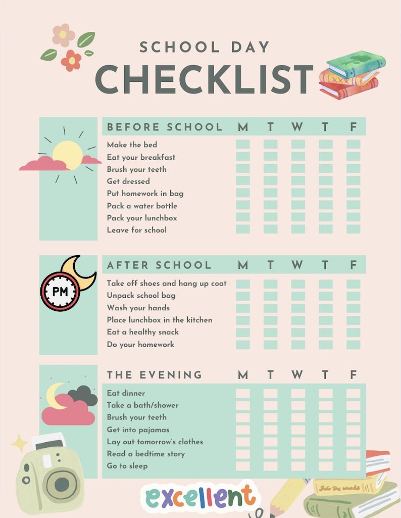 Printable Kids School Day Checklist - Daily Routine Chore Chart for ...
