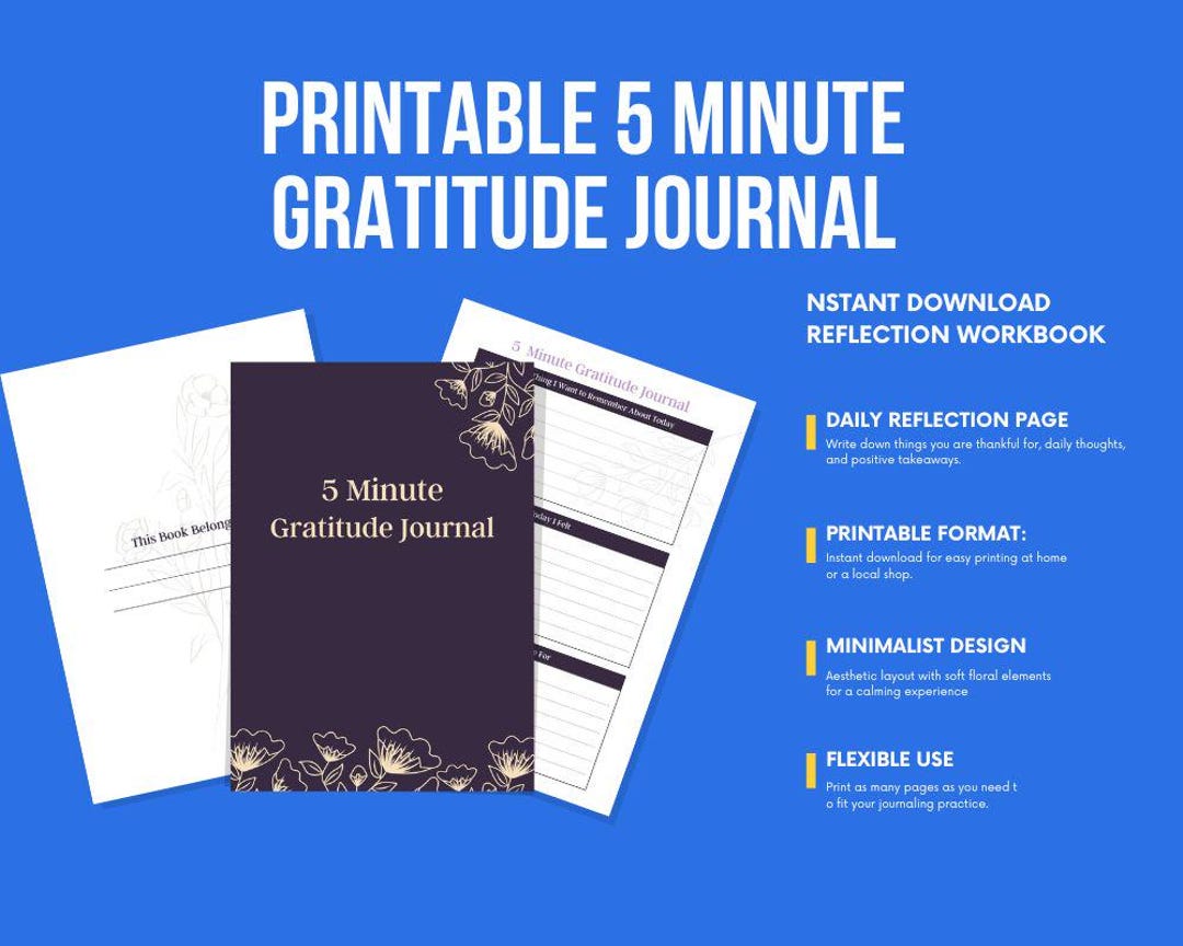 Printable 5 Minute Gratitude Journal | Instant Download Reflection ...