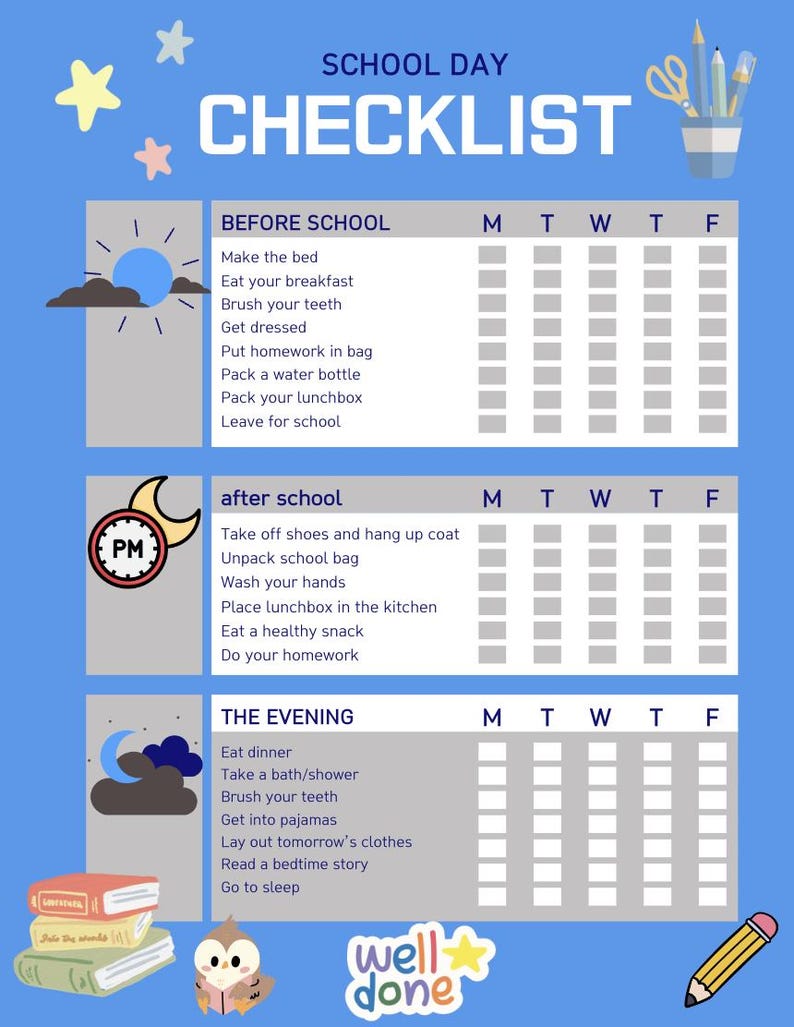 Printable Kids School Day Checklist - Daily Routine Chore Chart for ...