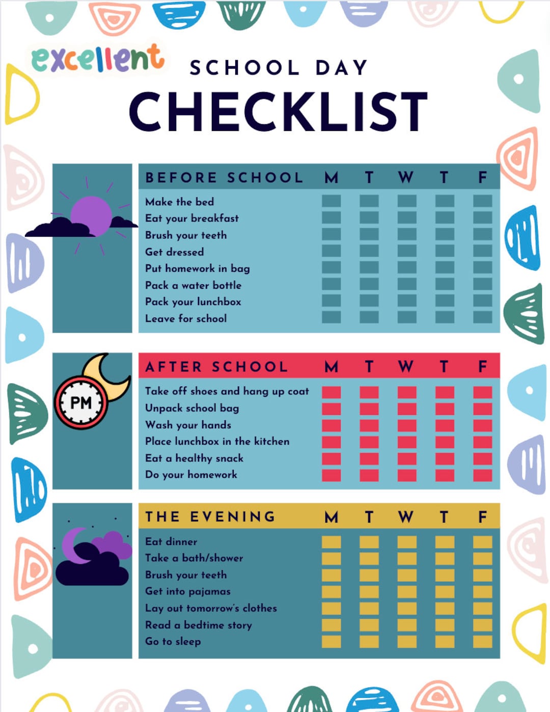 Kids School Day Checklist, ADHD Daily School Checklist, Printable Daily ...