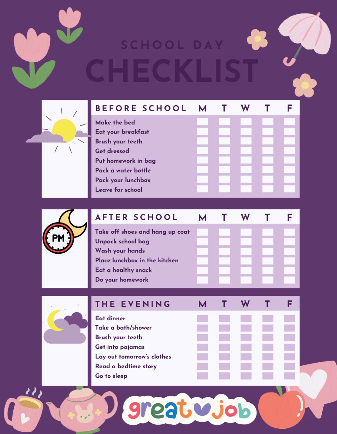 Kids School Day Checklist, ADHD Daily School Checklist, Printable Daily ...