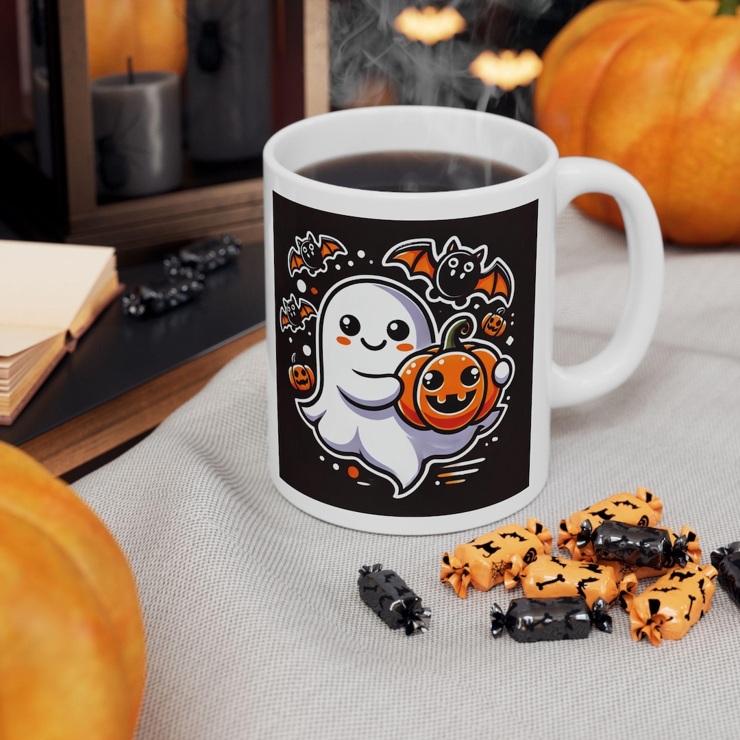 Cute Halloween Ghost Mug | Spooky Ghost and Pumpkin Design | Fun Gift ...