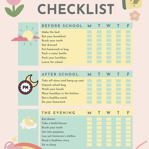 Printable Kids School Day Checklist - Daily Routine Chore Chart for ...
