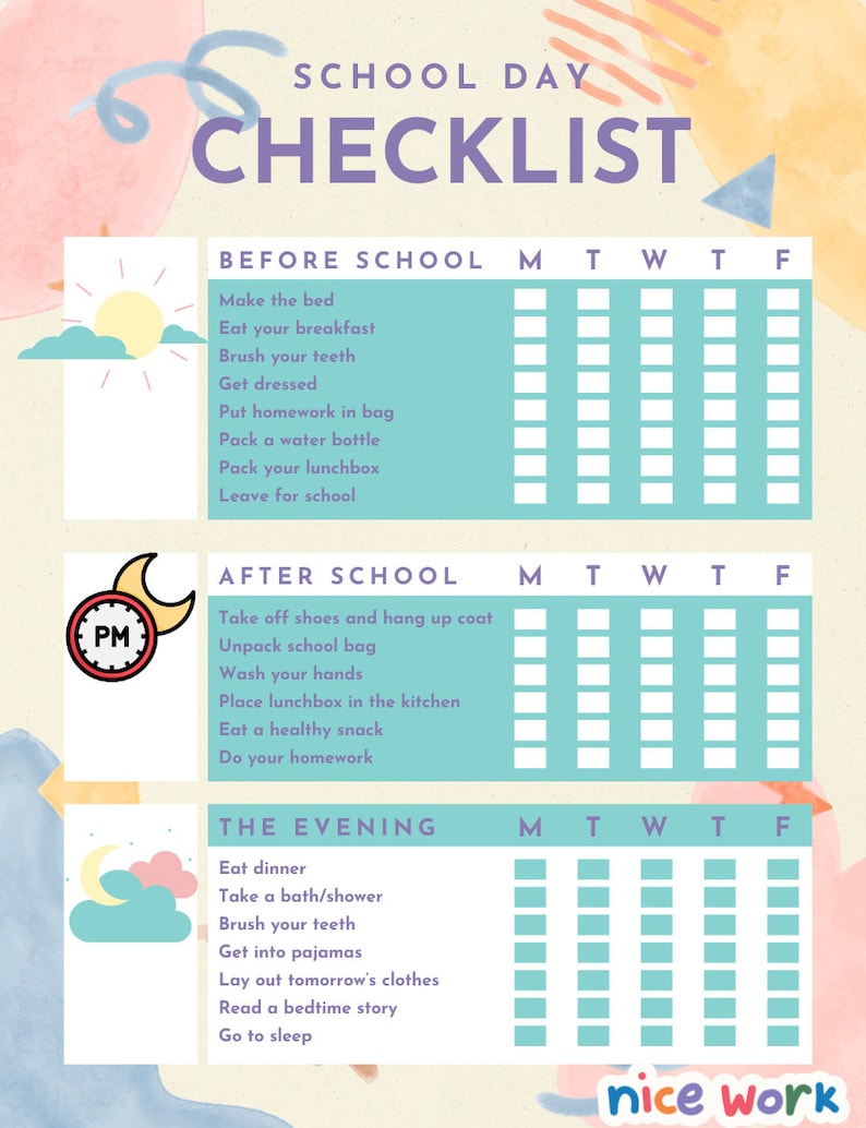 Kids School Day Checklist, ADHD Daily School Checklist, Printable Daily ...