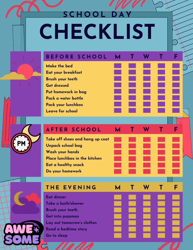 Kids School Day Checklist, ADHD Daily School Checklist, Printable Daily ...