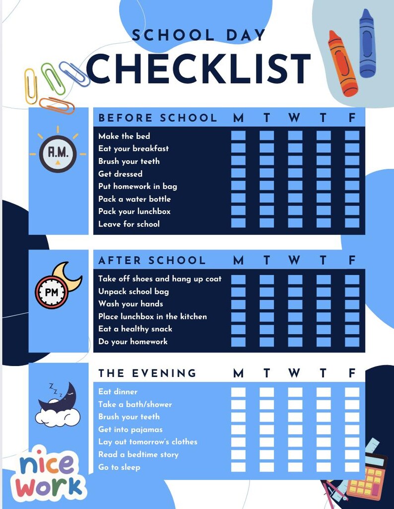 Printable Kids School Day Checklist - Daily Routine Chore Chart for ...