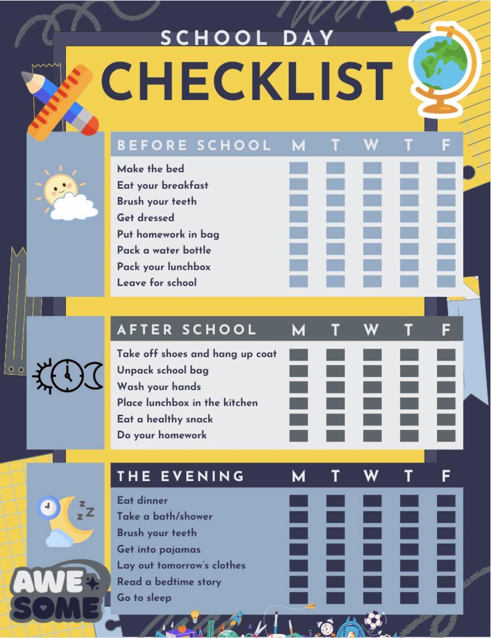 Printable Kids School Day Checklist - Daily Routine Chore Chart for ...