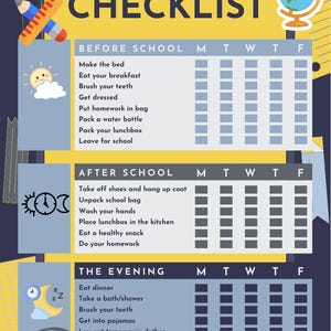 Printable Kids School Day Checklist - Daily Routine Chore Chart for ...