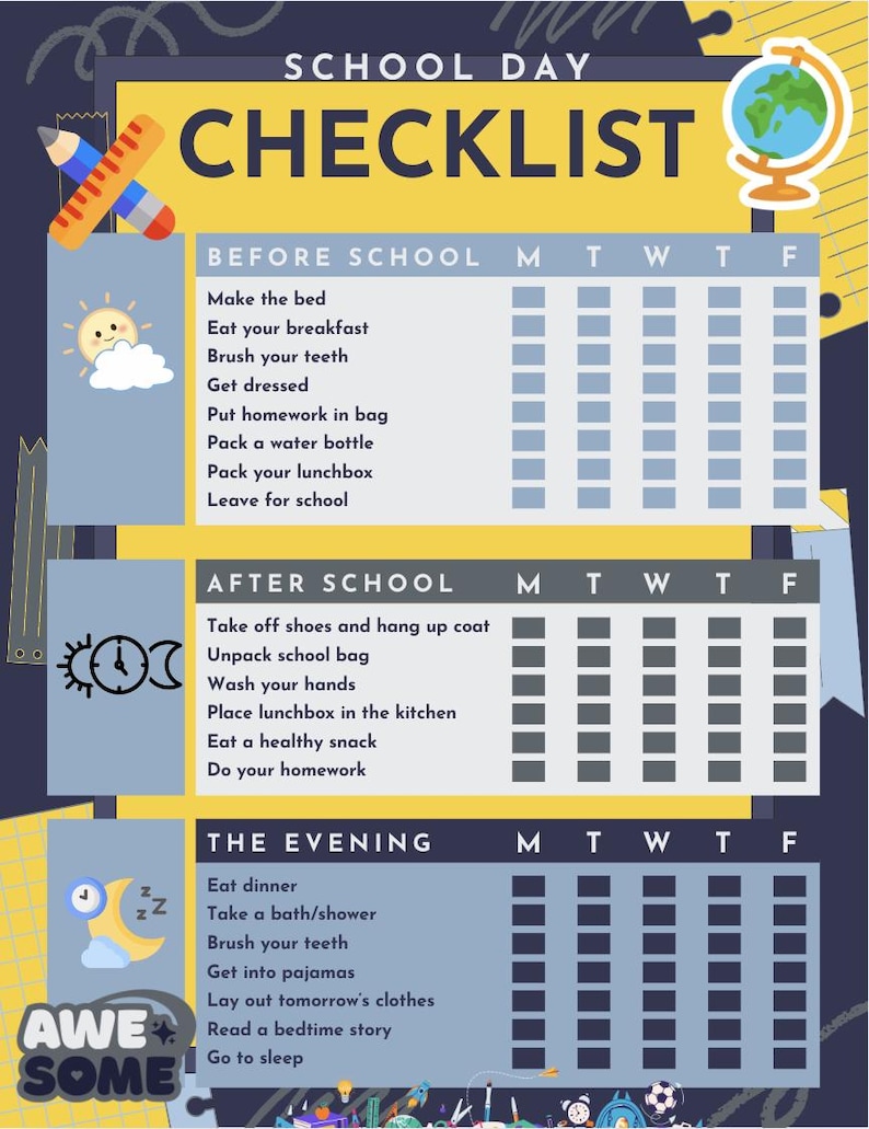 Printable Kids School Day Checklist - Daily Routine Chore Chart for ...
