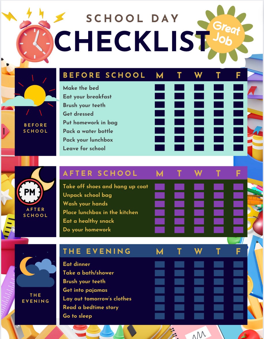 Kids School Day Checklist, ADHD Daily School Checklist, Printable Daily ...