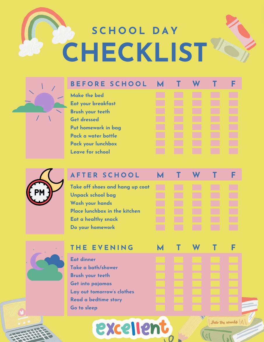 Kids School Day Checklist, ADHD Daily School Checklist, Printable Daily ...