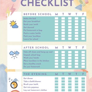 Printable Kids School Day Checklist - Daily Routine Chore Chart for ...