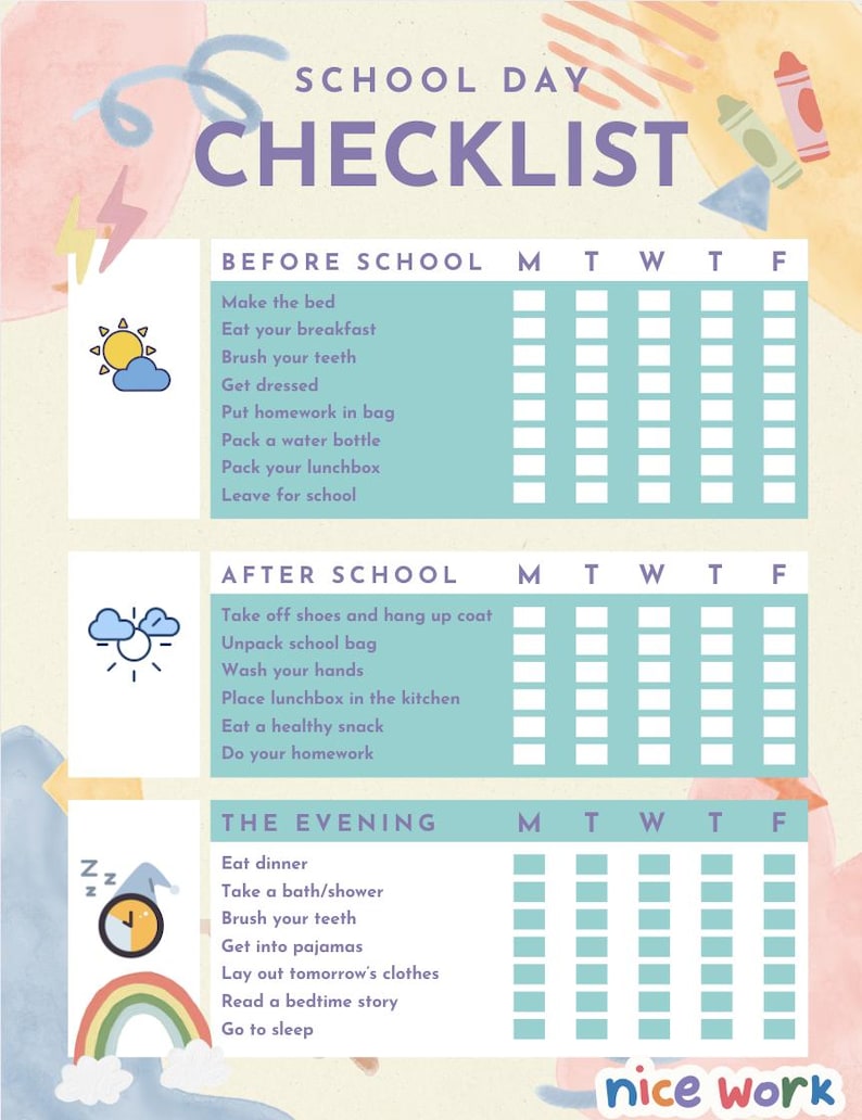 Printable Kids School Day Checklist - Daily Routine Chore Chart for ...