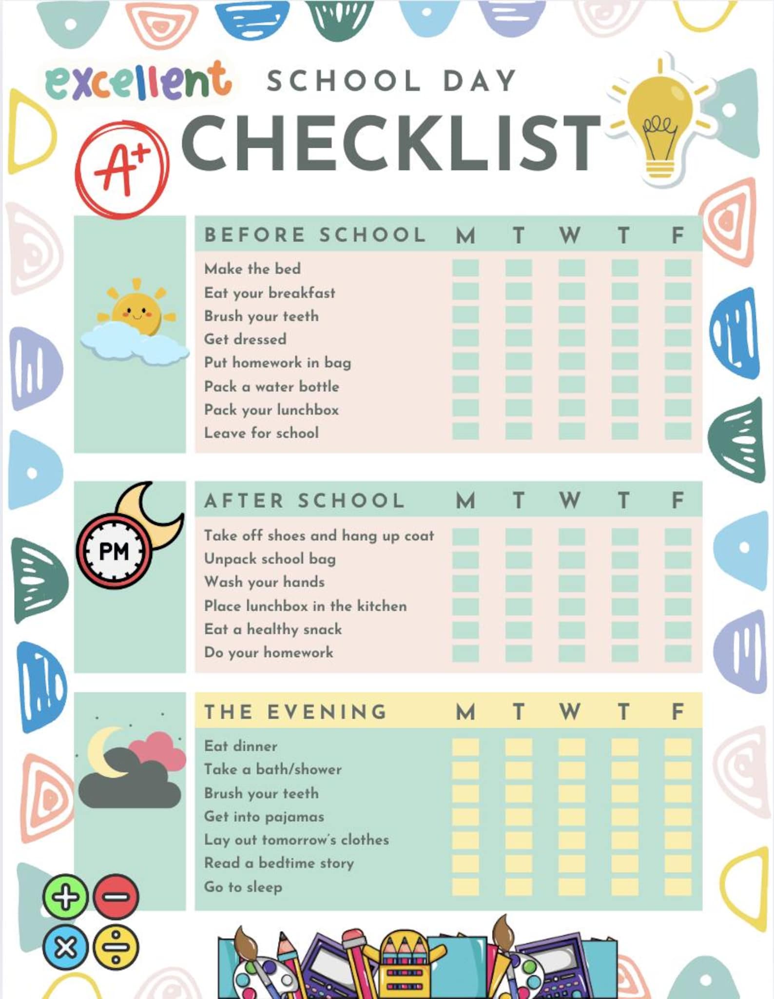 Printable Kids School Day Checklist - Daily Routine Chore Chart for ...