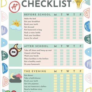 Printable Kids School Day Checklist - Daily Routine Chore Chart for ...