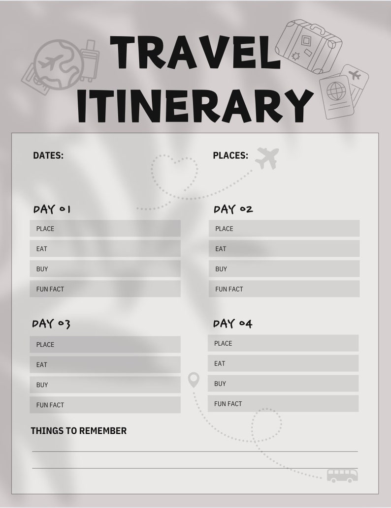 Printable Travel Itinerary Page | Instant Download 4-day Vacation ...