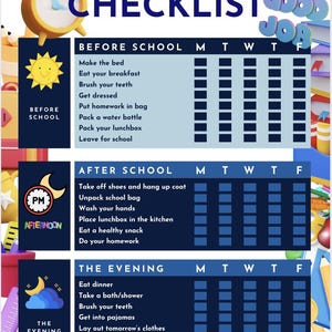 Printable Kids School Day Checklist - Daily Routine Chore Chart for ...