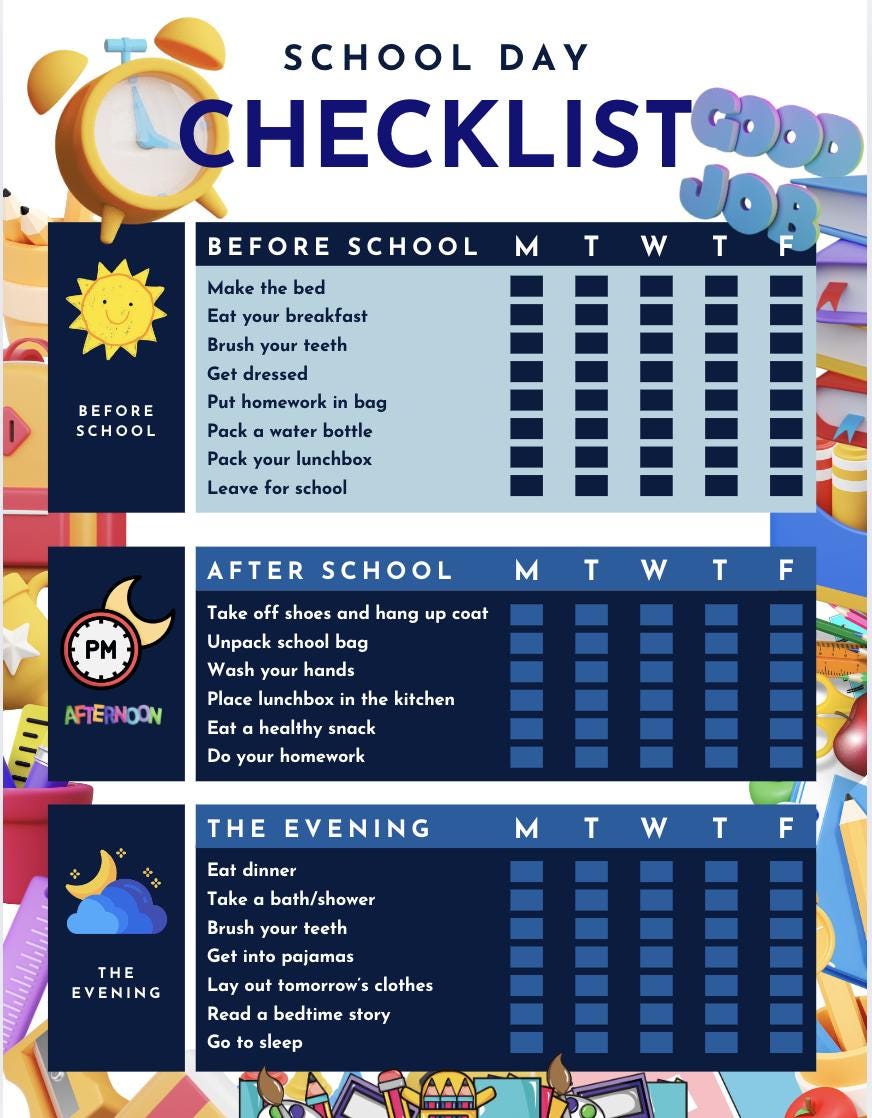 Printable Kids School Day Checklist - Daily Routine Chore Chart for ...
