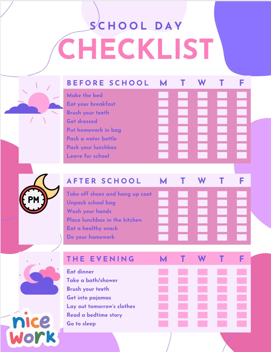 Kids School Day Checklist, ADHD Daily School Checklist, Printable Daily ...