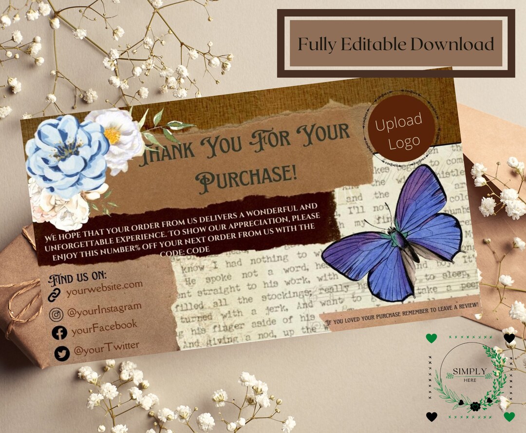 Vintage Cottage Thank You Business Card, Editable Digital Download ...