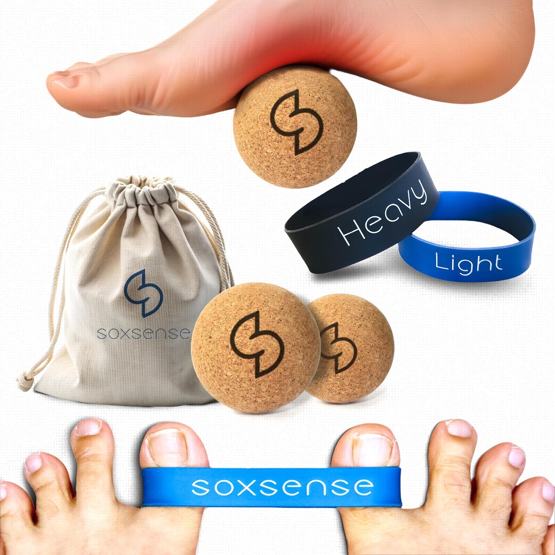 Cork Foot Massage Ball & Toe Stretching Band Set: Plantar Fasciitis ...