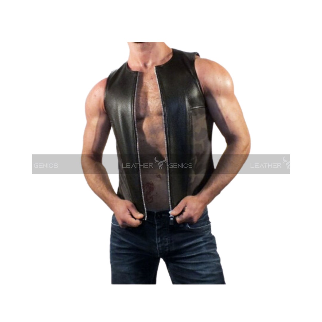 Men's Leather Contour Vest Side Panels Front Zipper - Etsy