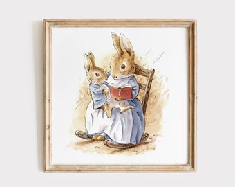Printable Vintage Beatrix Potter Bunny Wall Art, Rabbit Mom Reading for ...