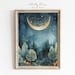 Starry Night and Crescent Moon Over Magical Forest Watercolor Painting ...