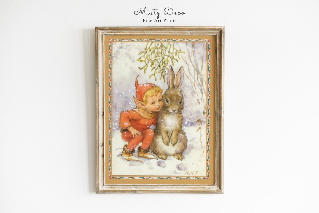 Christmas Elf and Cute Rabbit Illustration by Margaret Tarrant, Xmas ...