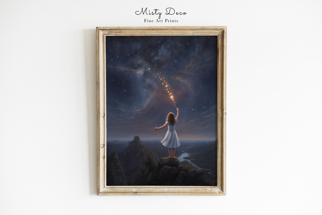 Girl Lighting up the Stars Kids Room Wall Art Illustration, Fantasy ...