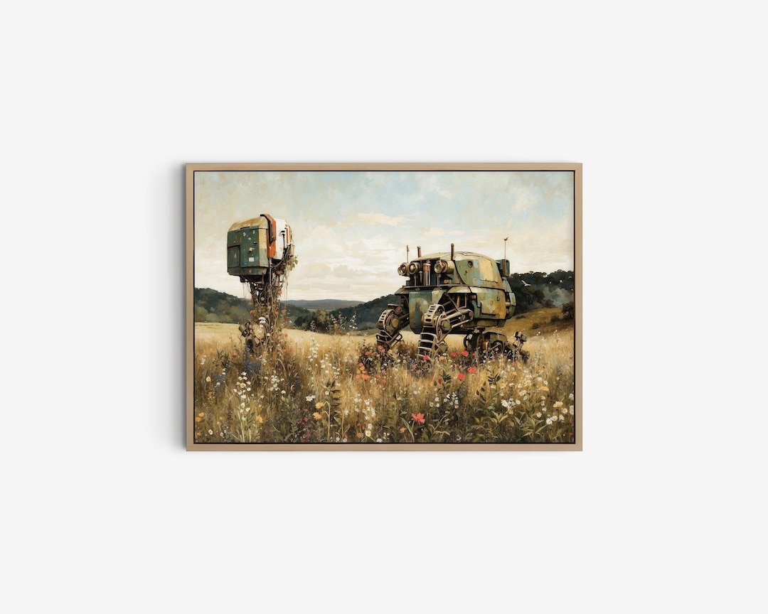 Futuristic Clunky Robot in Landscape Oil Painting, Digital Retro Sci-fi ...