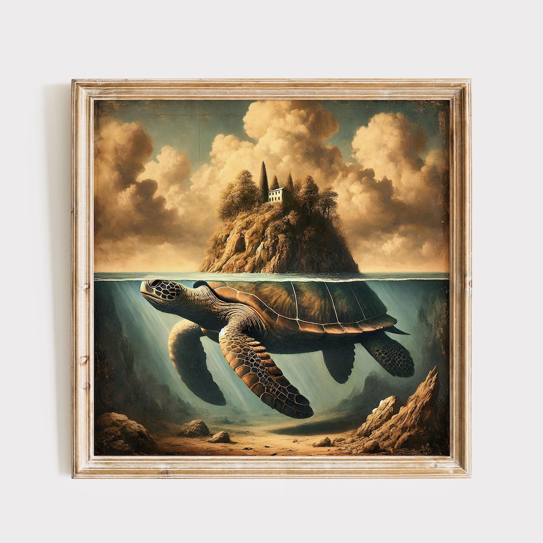 Turtle Island Oil Painting, Digital Fantasy Turtle Wall Art, Surreal ...