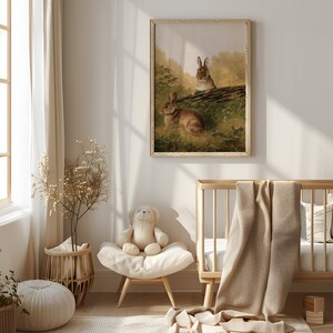 Spring Bunnies in a Meadow Vintage Painting, Rabbits in a Field Vintage ...