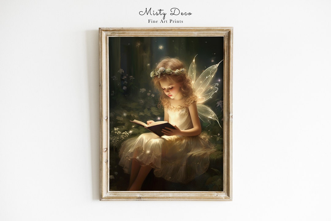 Cute Illustration of a Fairy Reading a Book, Fairy Core Wall Art ...