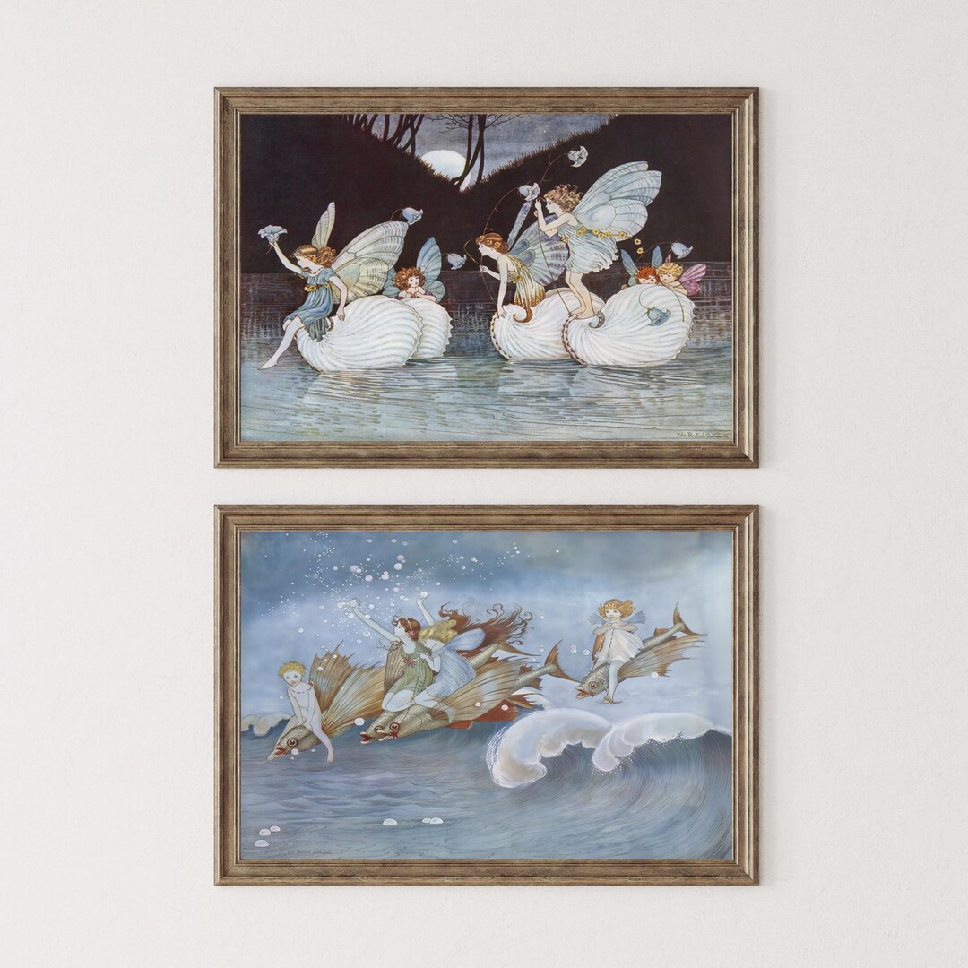 Fairies Riding on Seashells and Fairies Riding on Flying Fish Vintage ...