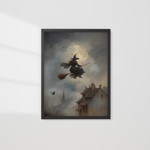 Witch Flying on a Broomstick Over the Rooftops Printed on Premium Matte ...