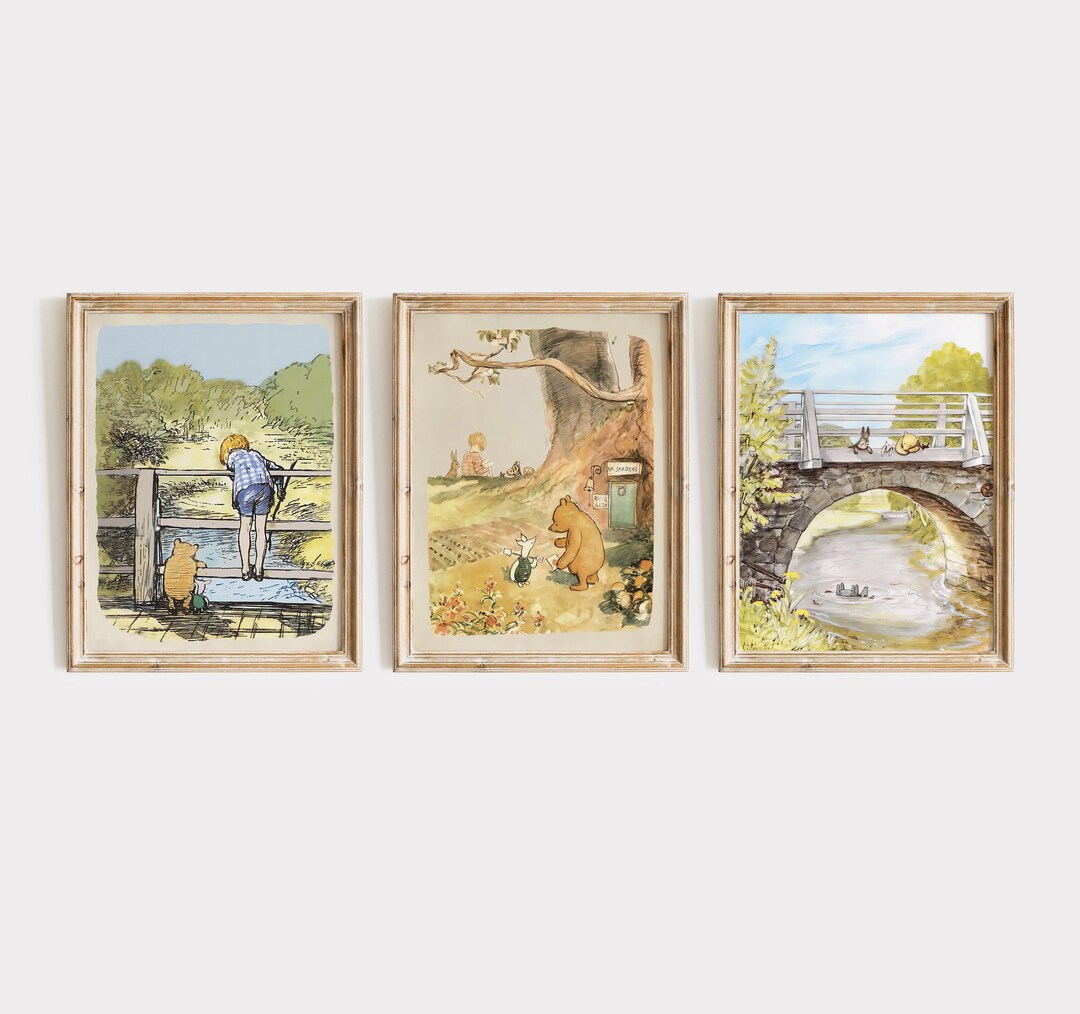 Winnie the Pooh on Stone Bridge, Vintage Printable Wall Art for Nursery ...