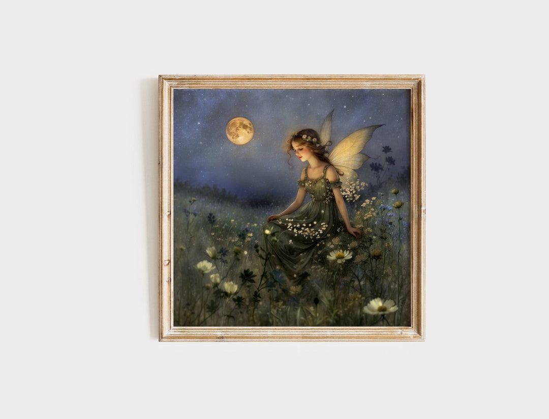 Fairy in a Flower Meadow Under Full Moon Illustration, Cute Fairy Wall ...